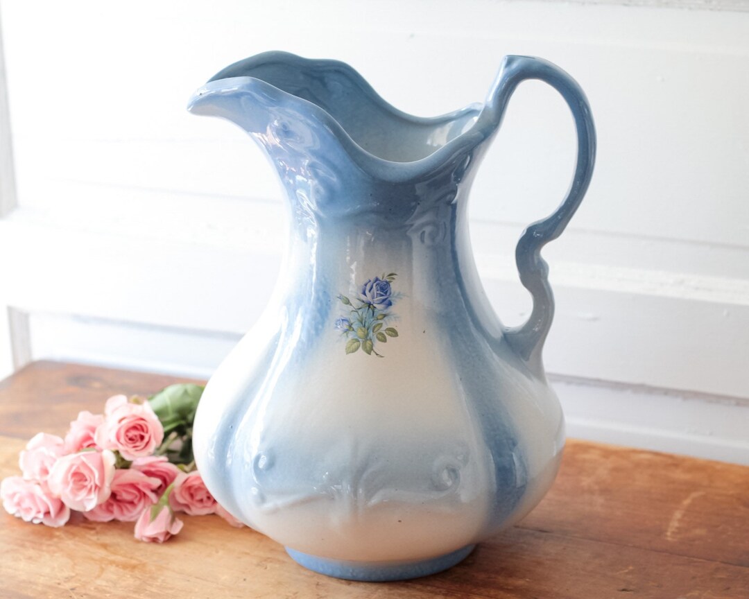 Large Vintage Blue Farmhouse Pitcher - Etsy