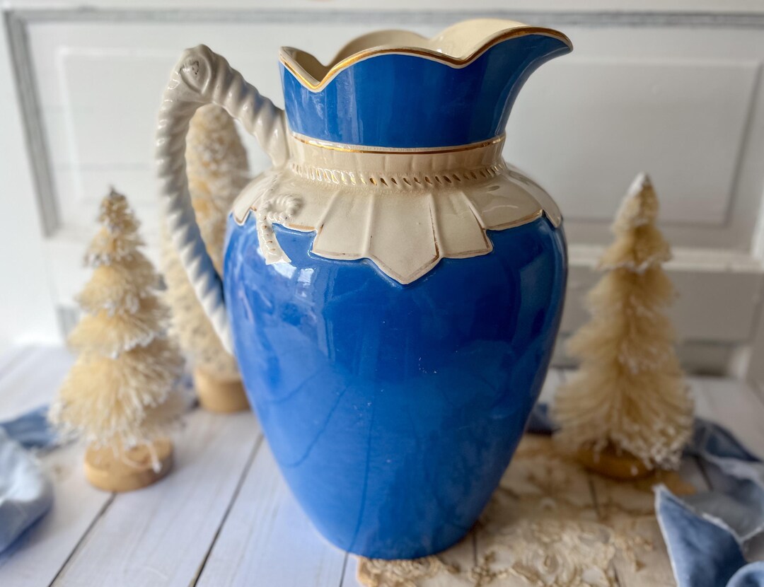 Antique Large Blue Rope Handled Ironstone Pitcher - Etsy
