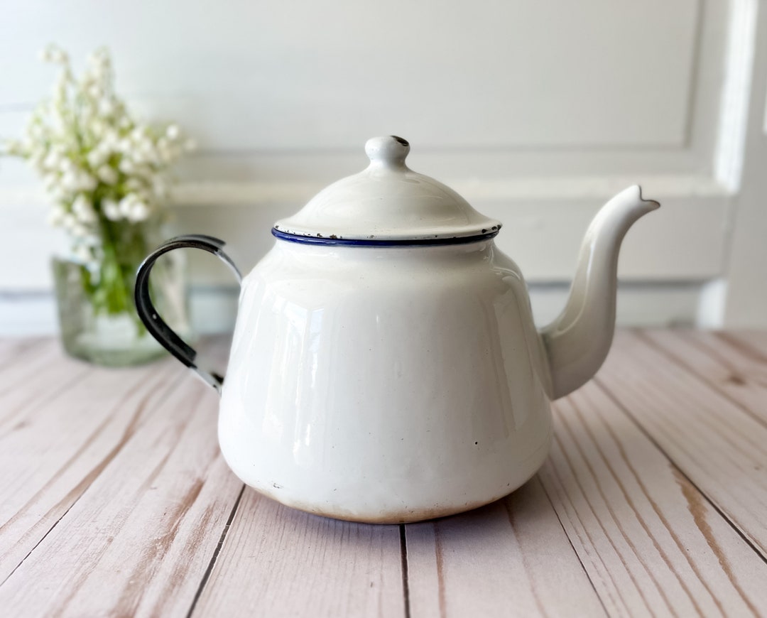 Vintage “avona” White Enamelware Teapot - Etsy