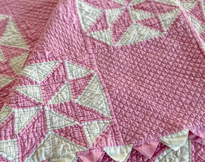 Vintage Pink and Cream Sawtooth Star Quilt With Prairie Point Edging - Etsy