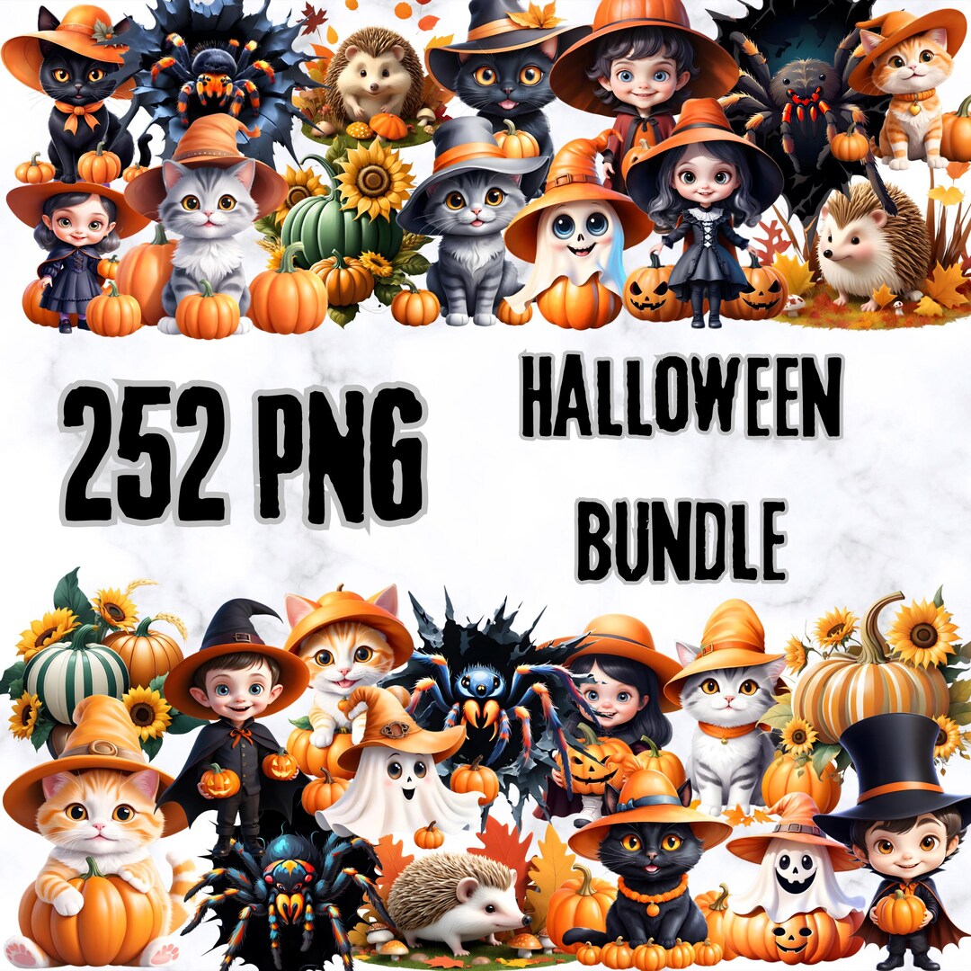 Halloween Clipart Bundle PNG, Witch, Ghost, Pumpkin, Spider, Cute Cat ...