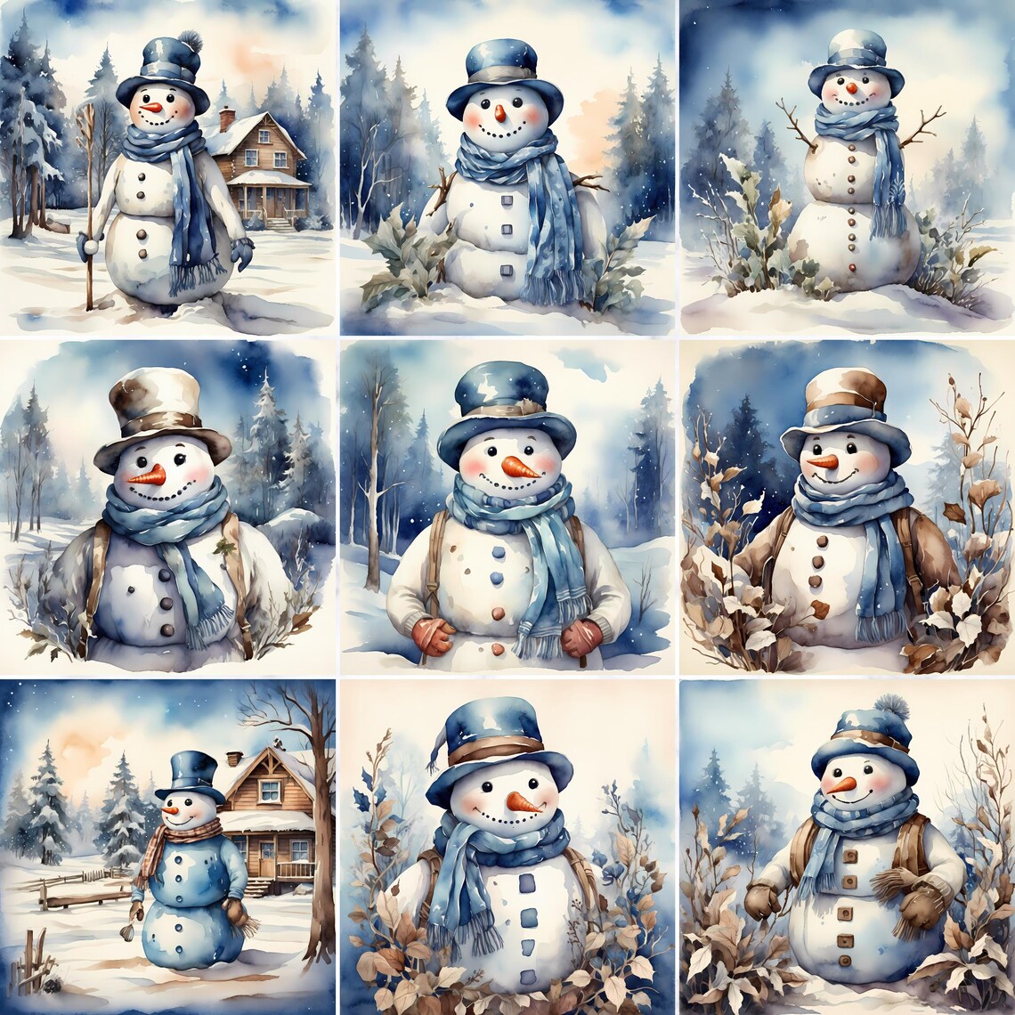 27 PNG Vintage Snowman Clipart Watercolor Winter Christmas Holiday ...