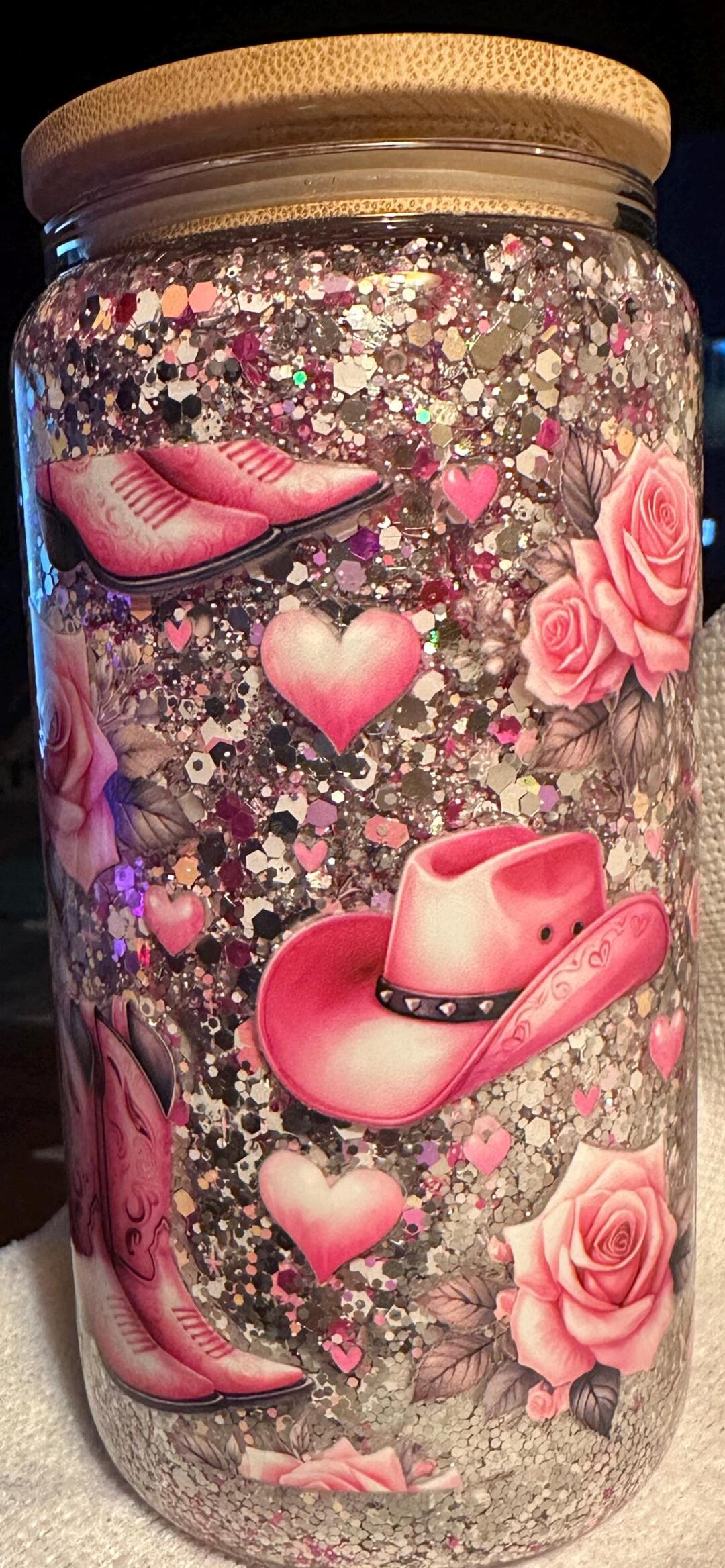 16oz Glass Snow Globe Cup, Glitter, UV DTF, Decal, Cowboy Boots, Cowboy ...