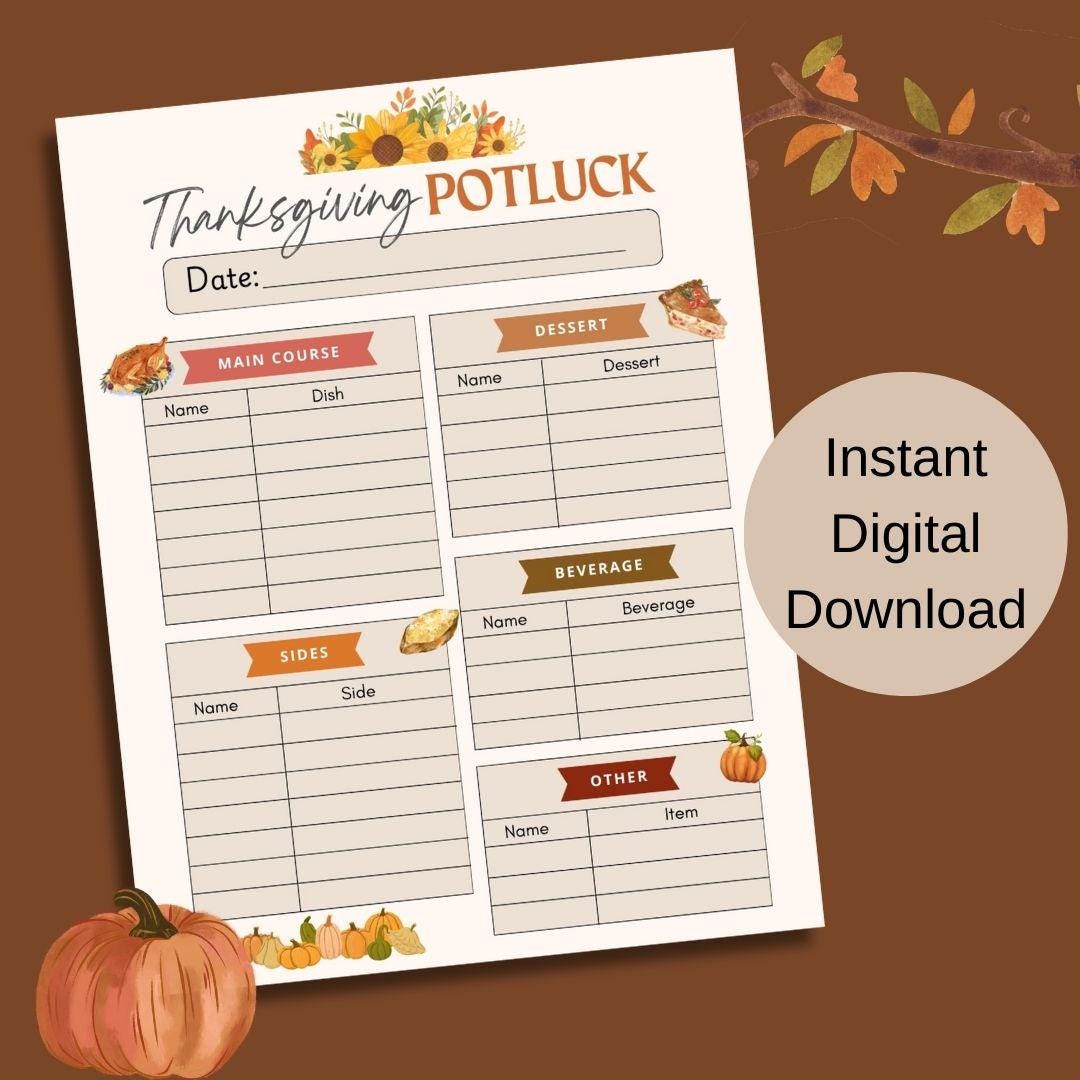 Thanksgiving Potluck Sign up Sheet - Etsy