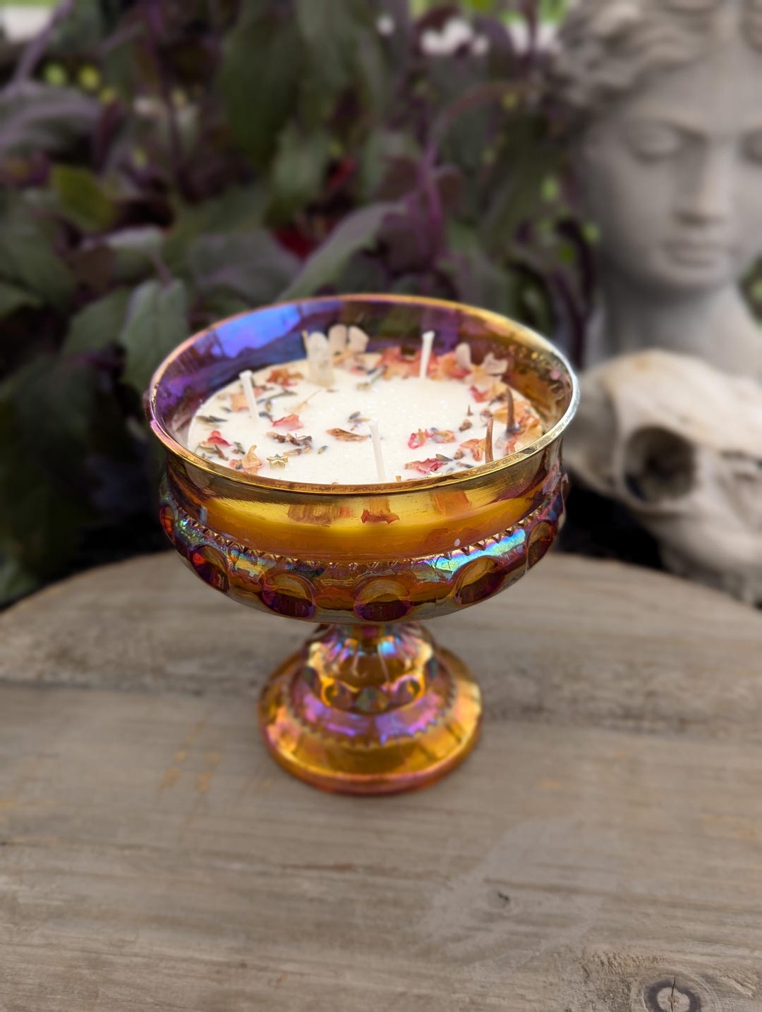 Crystal and Herb Candle in Vintage Dish. Rose and Lavender Soy Candle ...