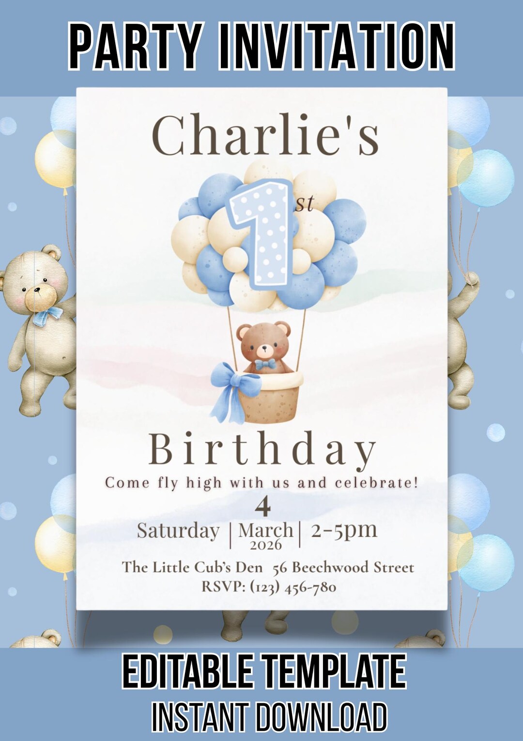 Editable Birthday Invitation Balloon Invite | Boy or Girl Birthday ...