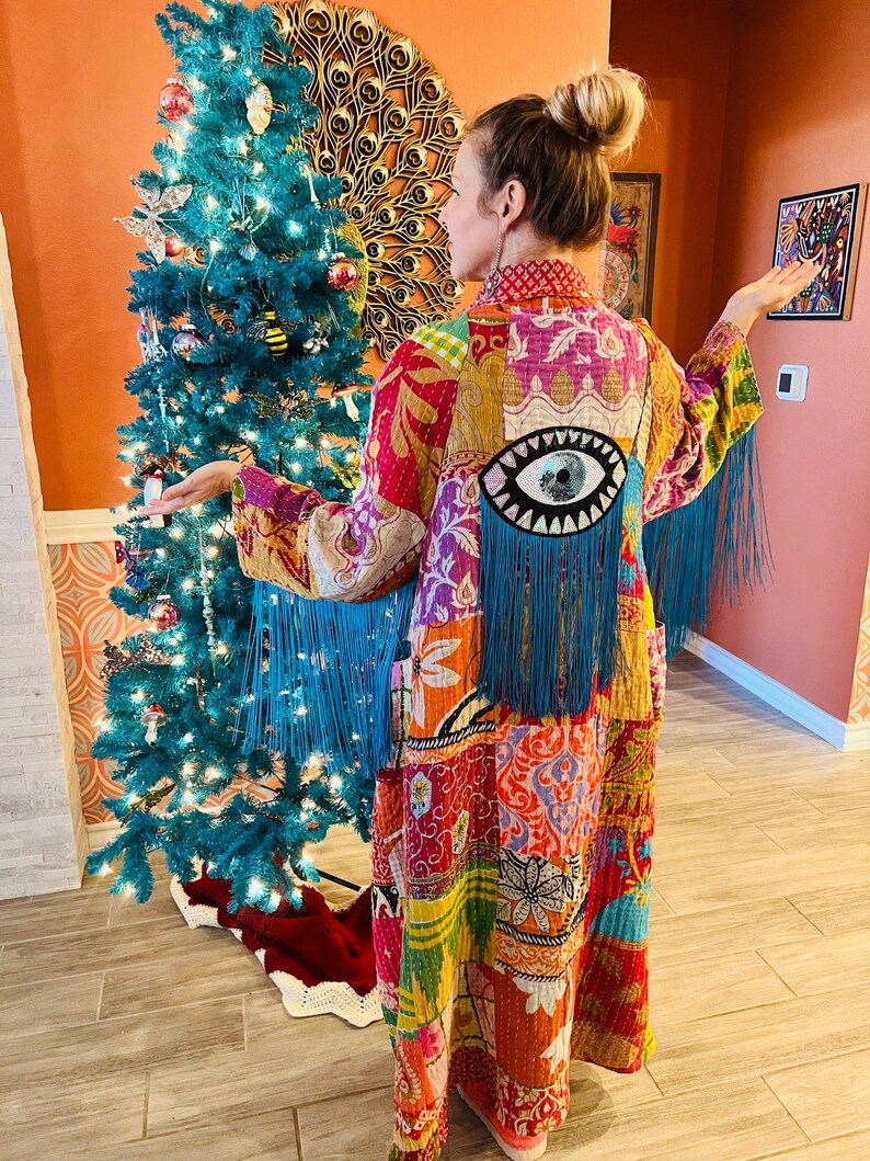 Repurposed Kantha Patchwork Quilt Blanket Duster Robe Fringe Eye (one ...