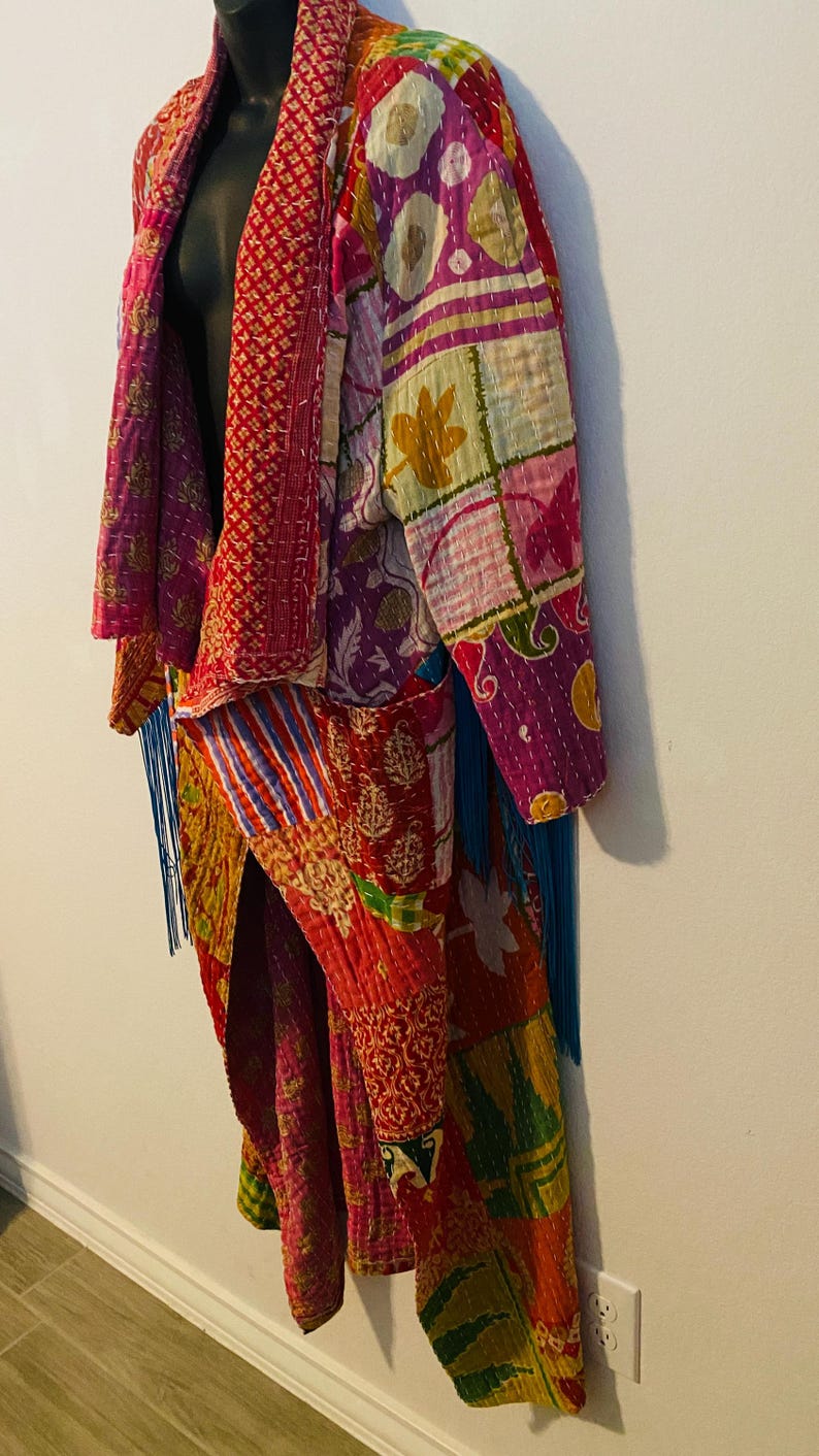 Repurposed Kantha Patchwork Quilt Blanket Duster Robe Fringe Eye (one ...