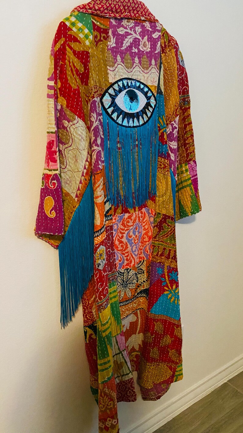 Repurposed Kantha Patchwork Quilt Blanket Duster Robe Fringe Eye (one ...