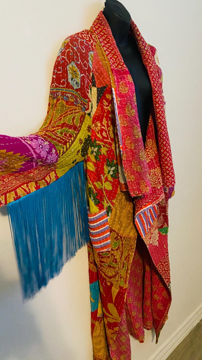Repurposed Kantha Patchwork Quilt Blanket Duster Robe Fringe Eye (one ...