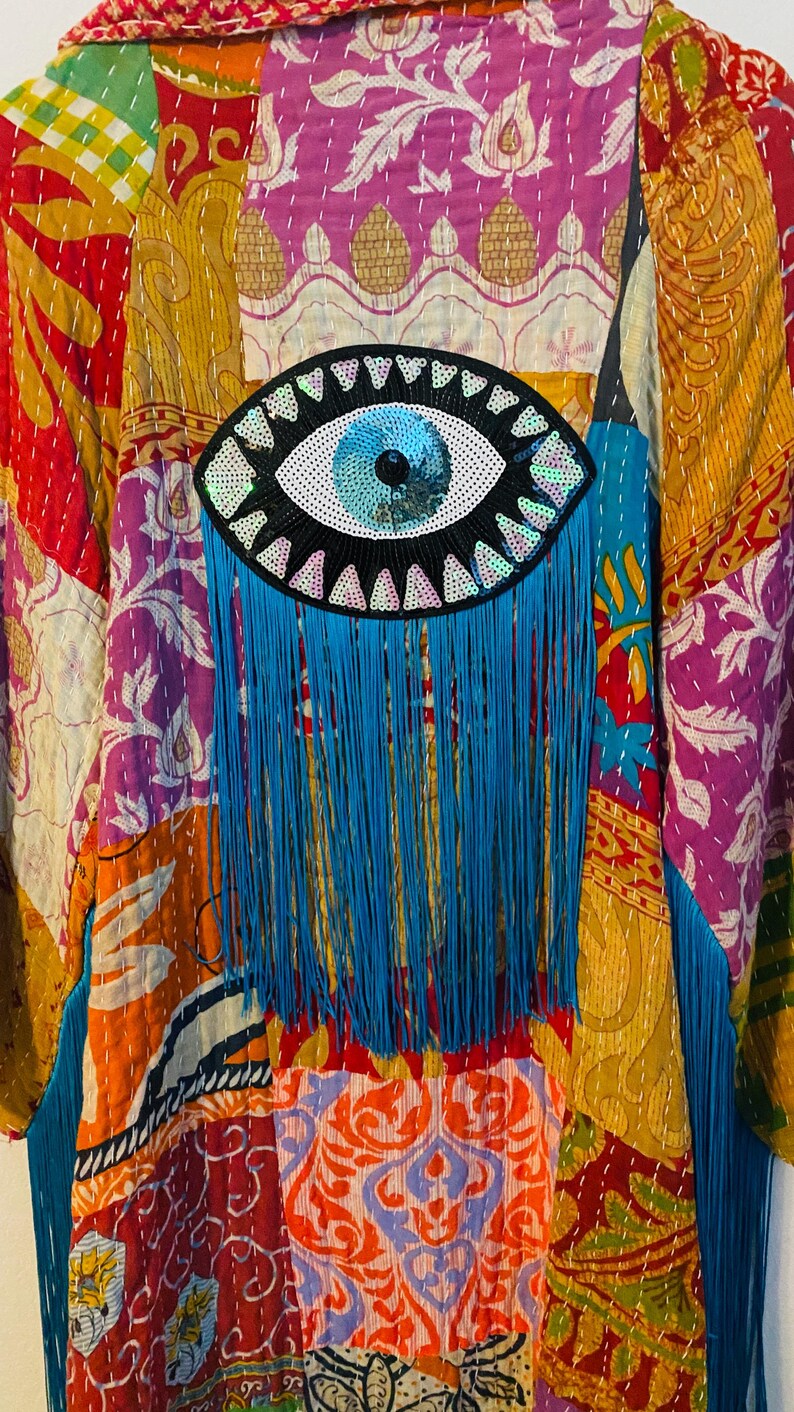 Repurposed Kantha Patchwork Quilt Blanket Duster Robe Fringe Eye (one ...