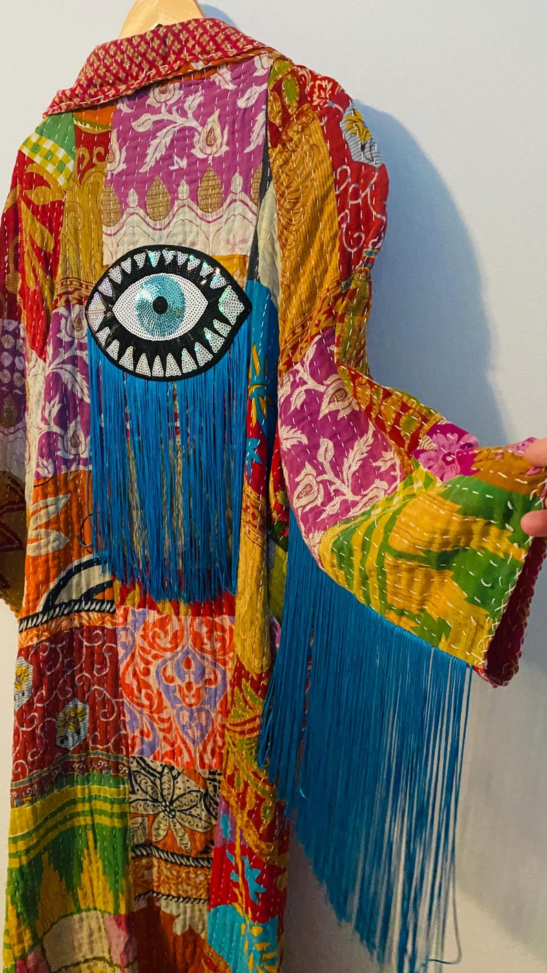 Repurposed Kantha Patchwork Quilt Blanket Duster Robe Fringe Eye (one ...