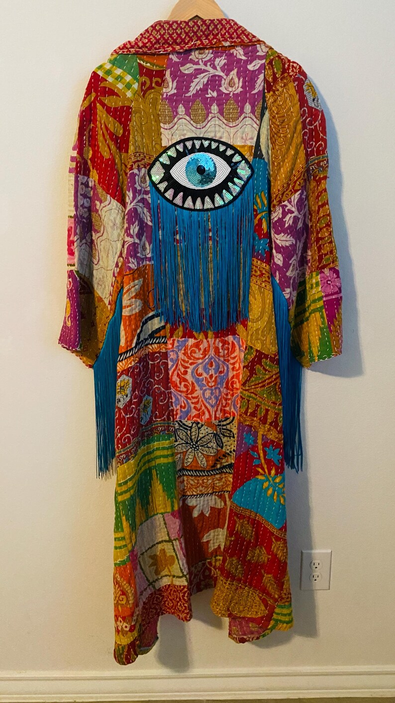 Repurposed Kantha Patchwork Quilt Blanket Duster Robe Fringe Eye (one ...