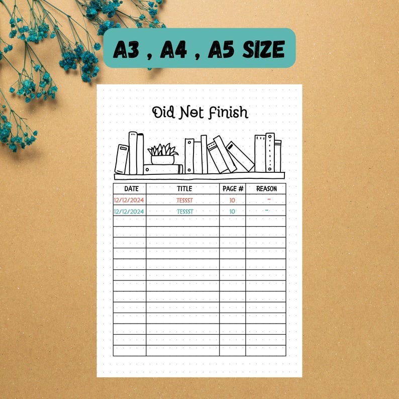 DNF Reading Tracker | Printable Book Log (A3, A4, A5 Sizes) - Etsy