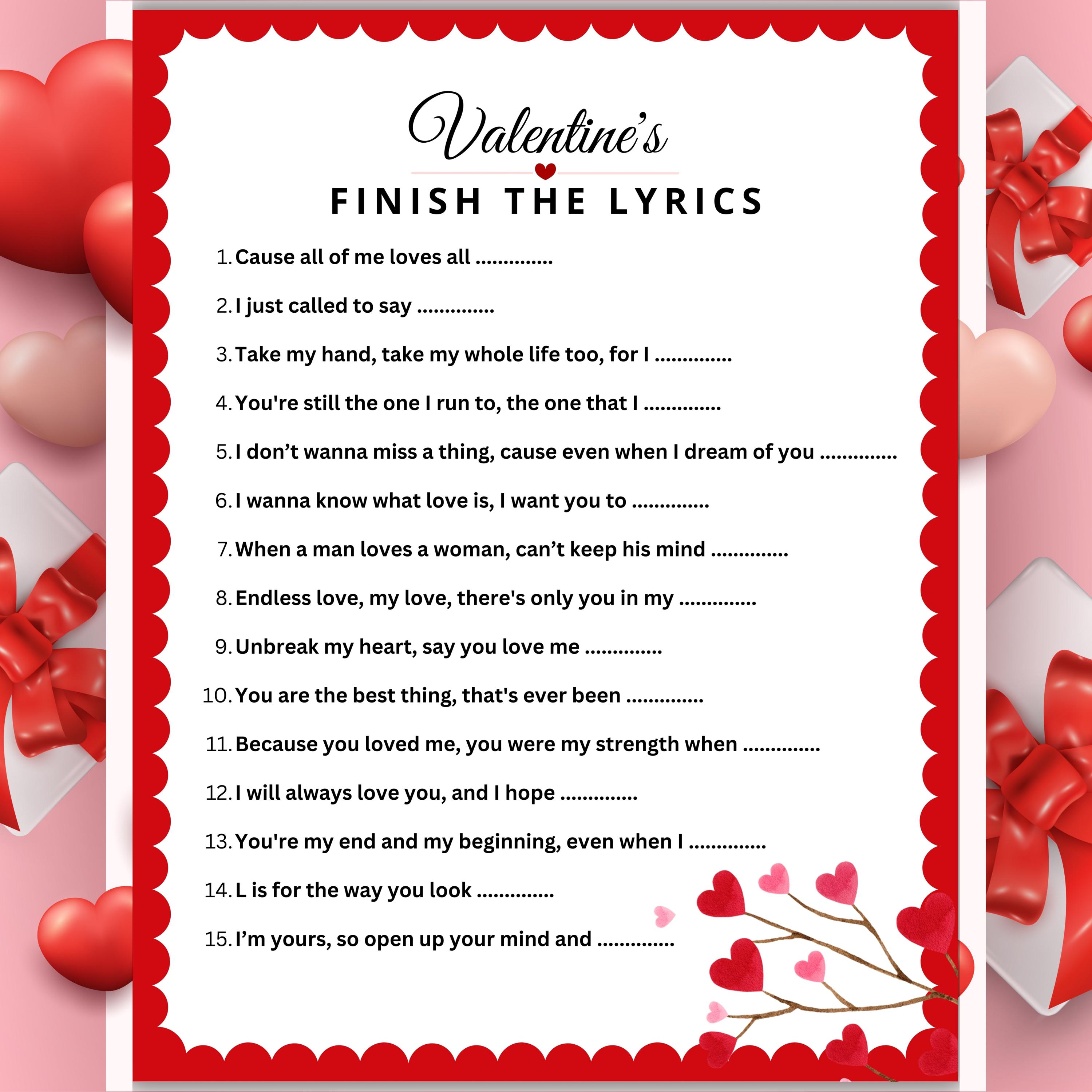 Valentine's Finish the Lyrics Game: Love Song Quiz (printable) - Etsy