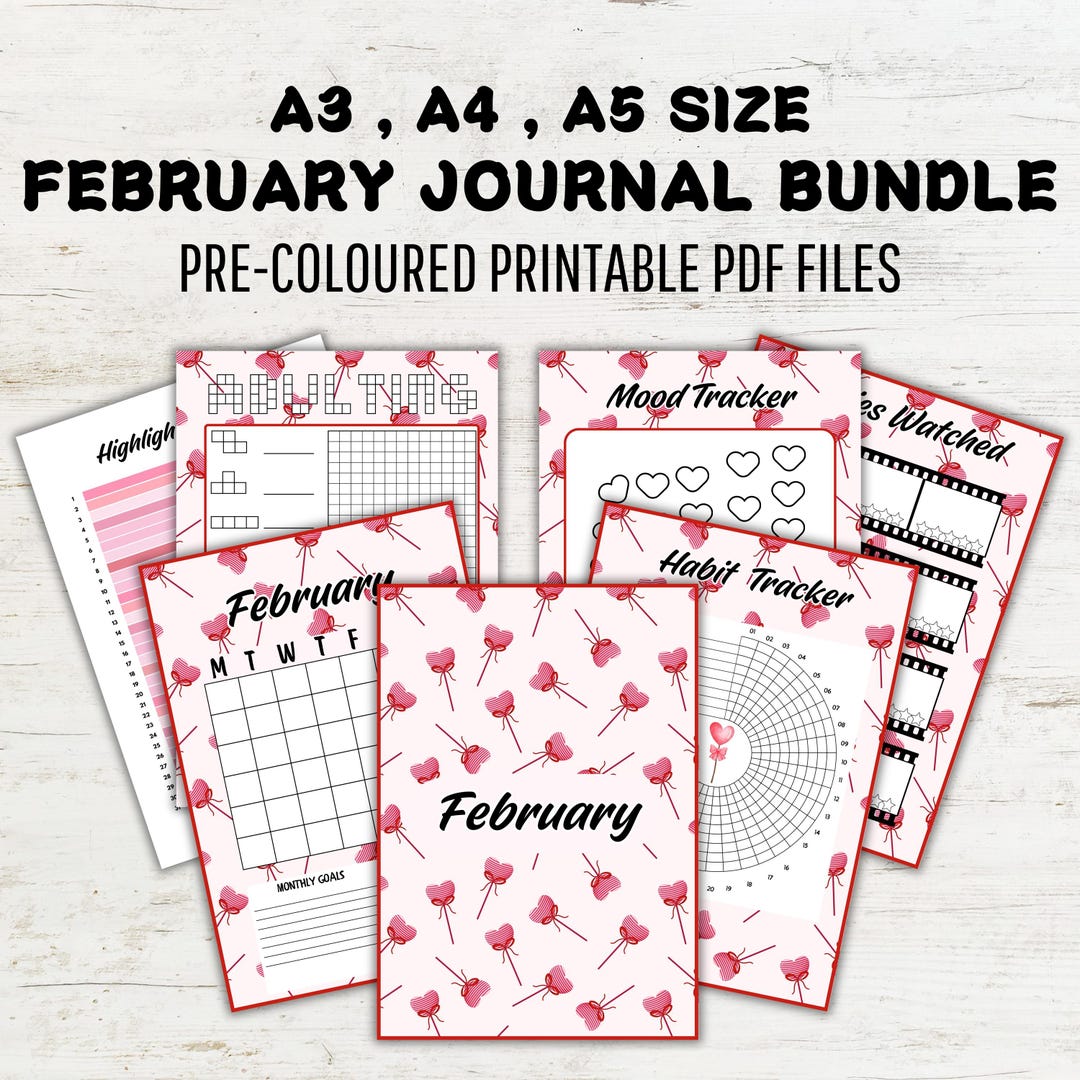 February Journal Bundle Hearts Printable Planner Pages, Pre-coloured ...