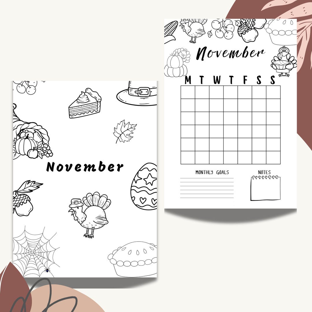 November Monthly Planner - Printable Coloring Calendar for Thanksgiving ...
