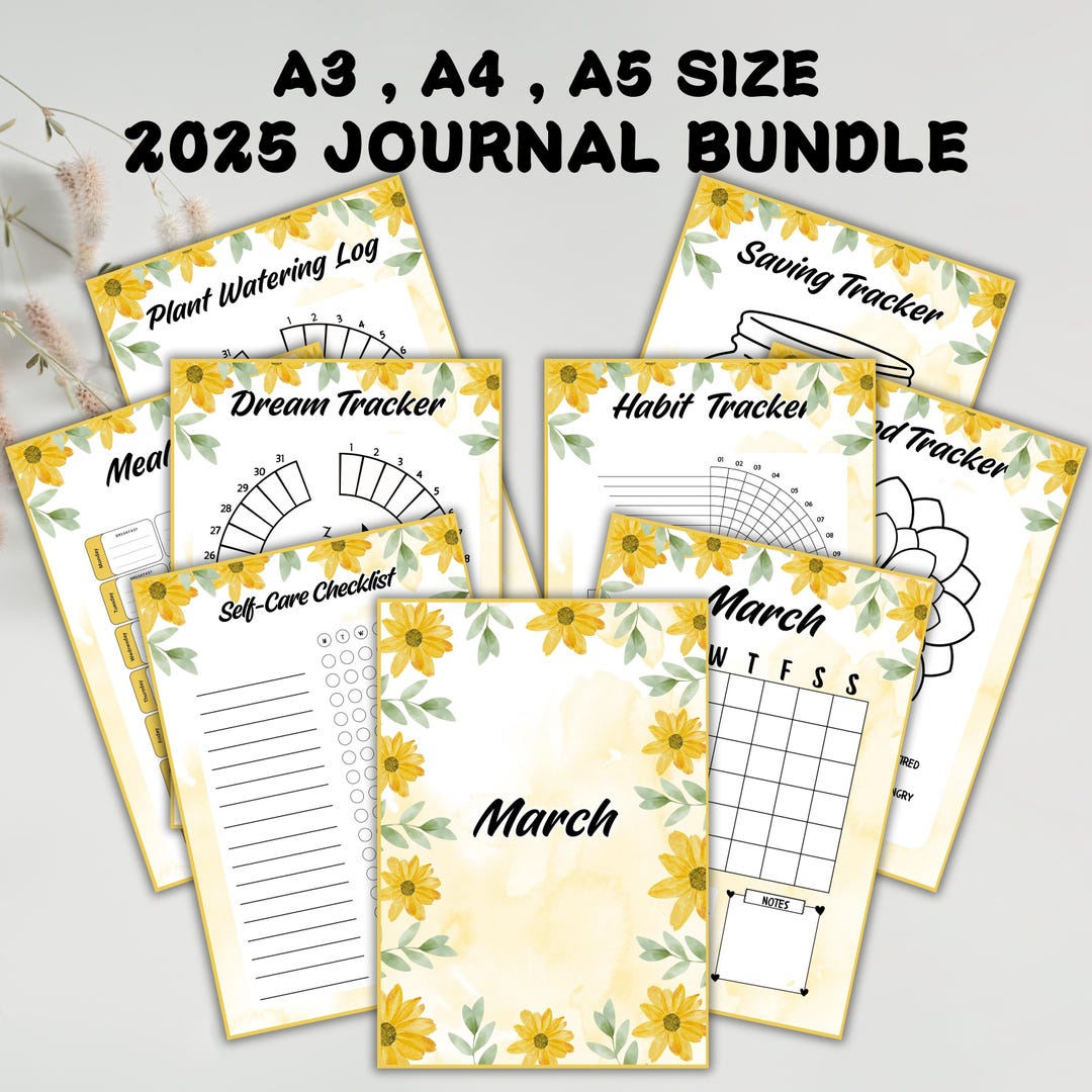 March Floral Journal Bundle: Habit, Mood, Self-care Tracker (printable ...