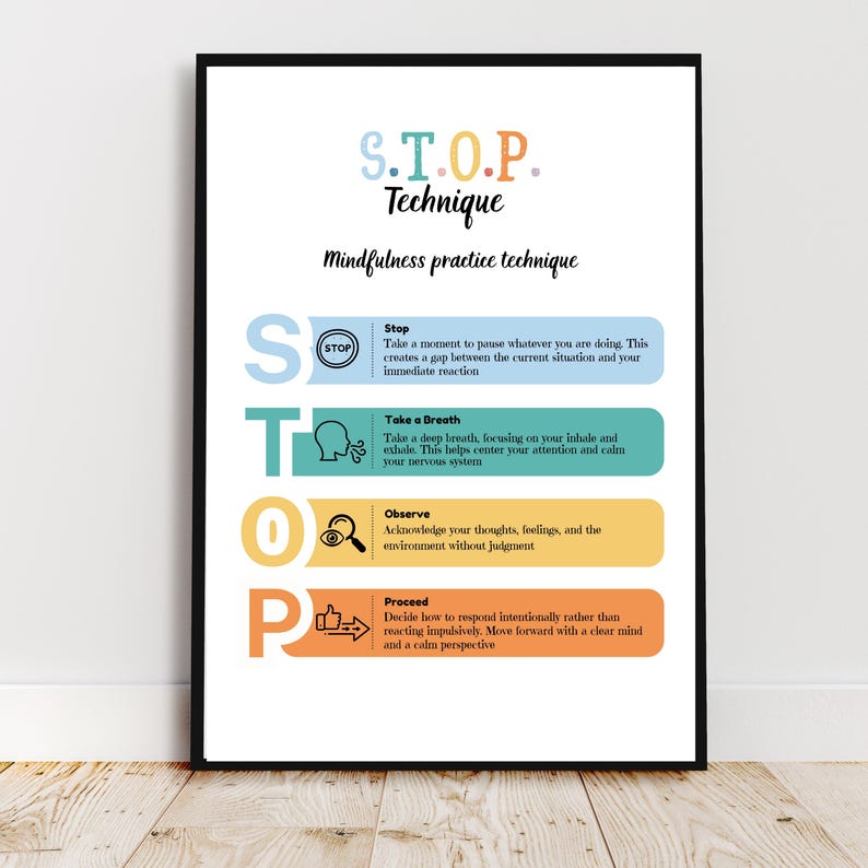STOP Technique Poster for Stress and Anxiety Relief | Mental Health ...