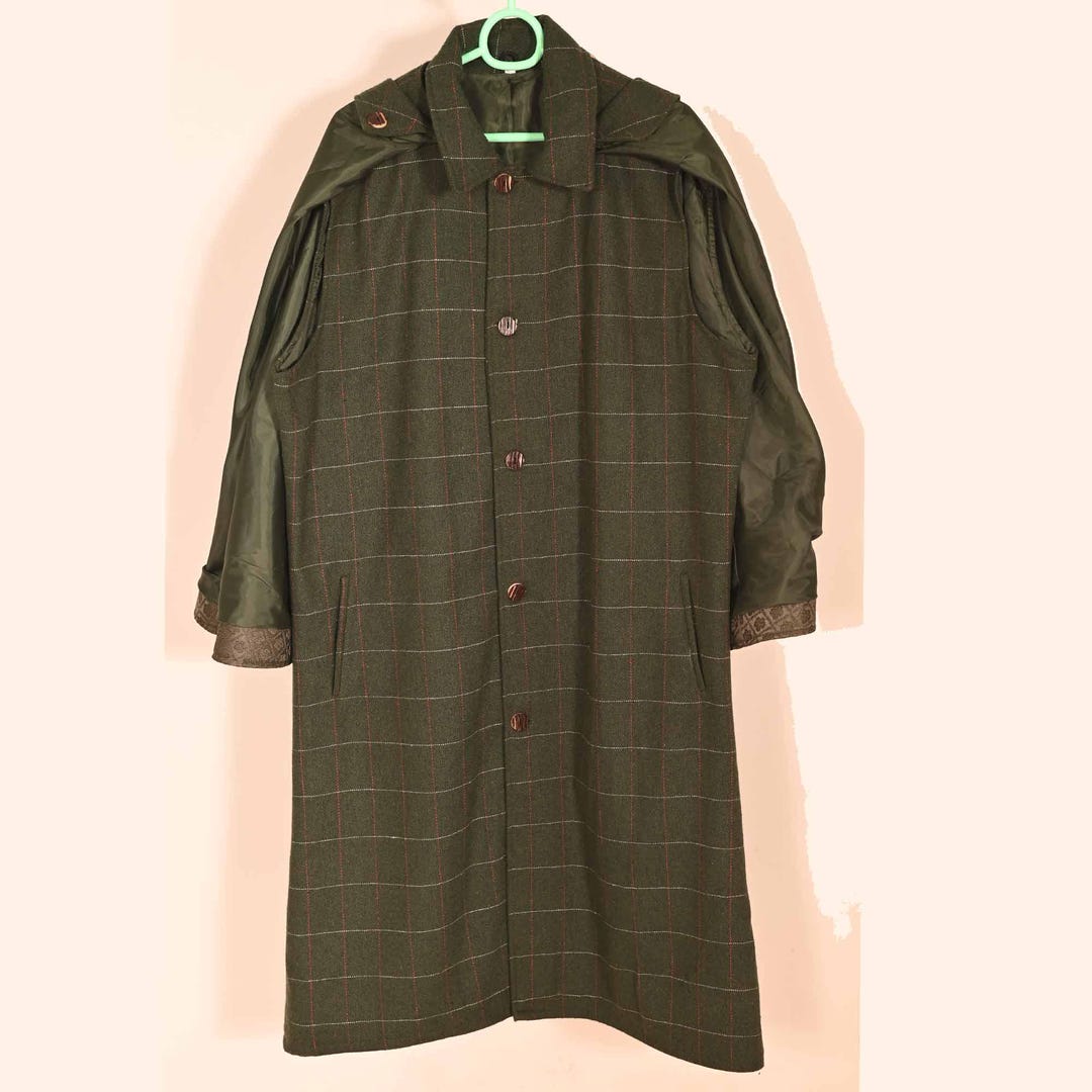 Green Checked Tweed Cape Coat, Tweed Cape Duster Coat for Unisex Adults ...