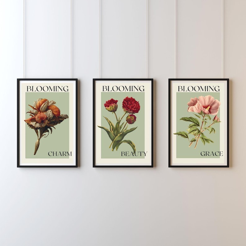 Blooming Floral Digital Wall Art – Set of 3 Botanical Prints | Instant ...