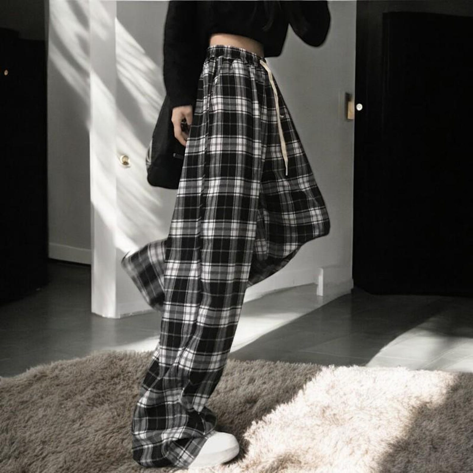 Plaid Wide-leg Sweatpants for Women Casual Checkered Drawstring Joggers ...