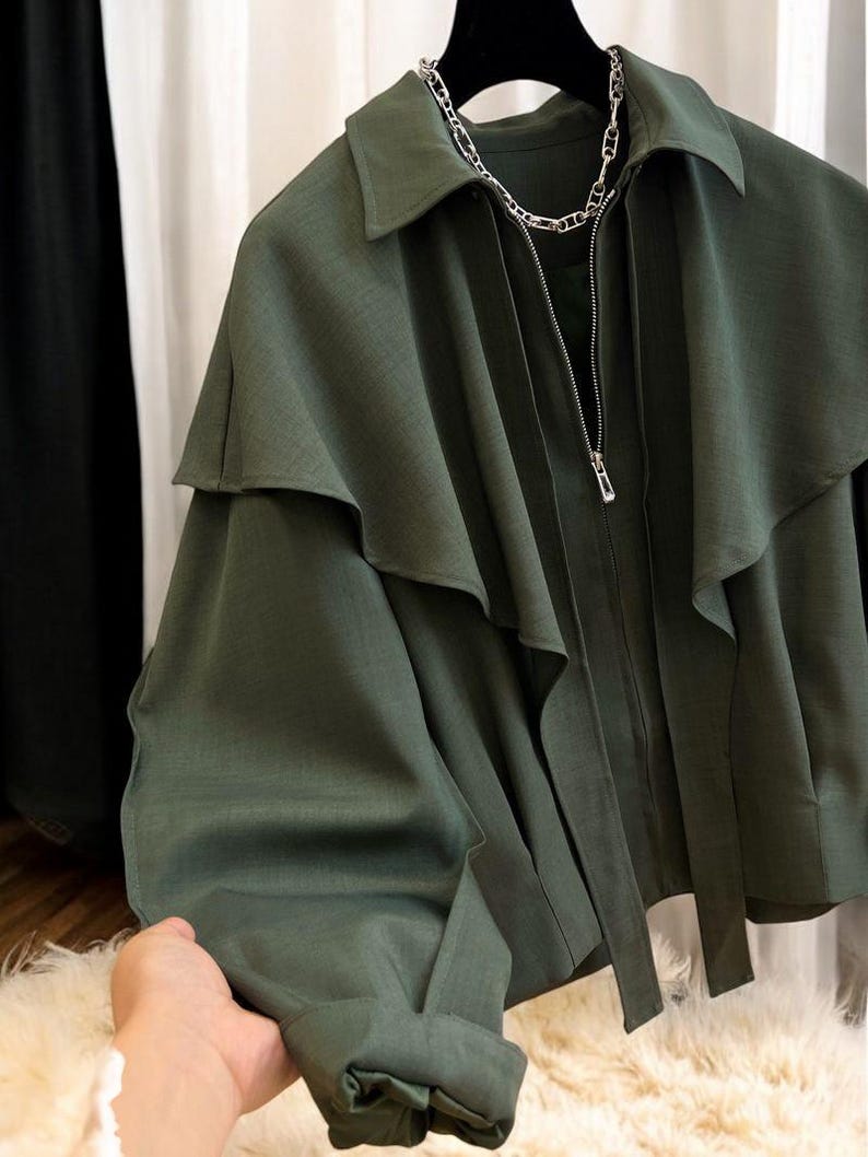 Stylish Women's Cape Sleeve Jacketelegant Layered Zip-up Design in ...