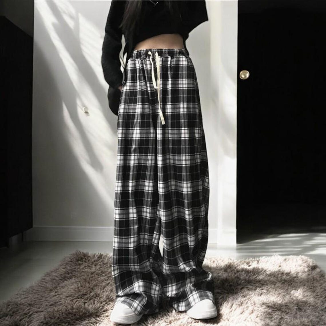 Plaid Wide-leg Sweatpants for Women Casual Checkered Drawstring Joggers ...
