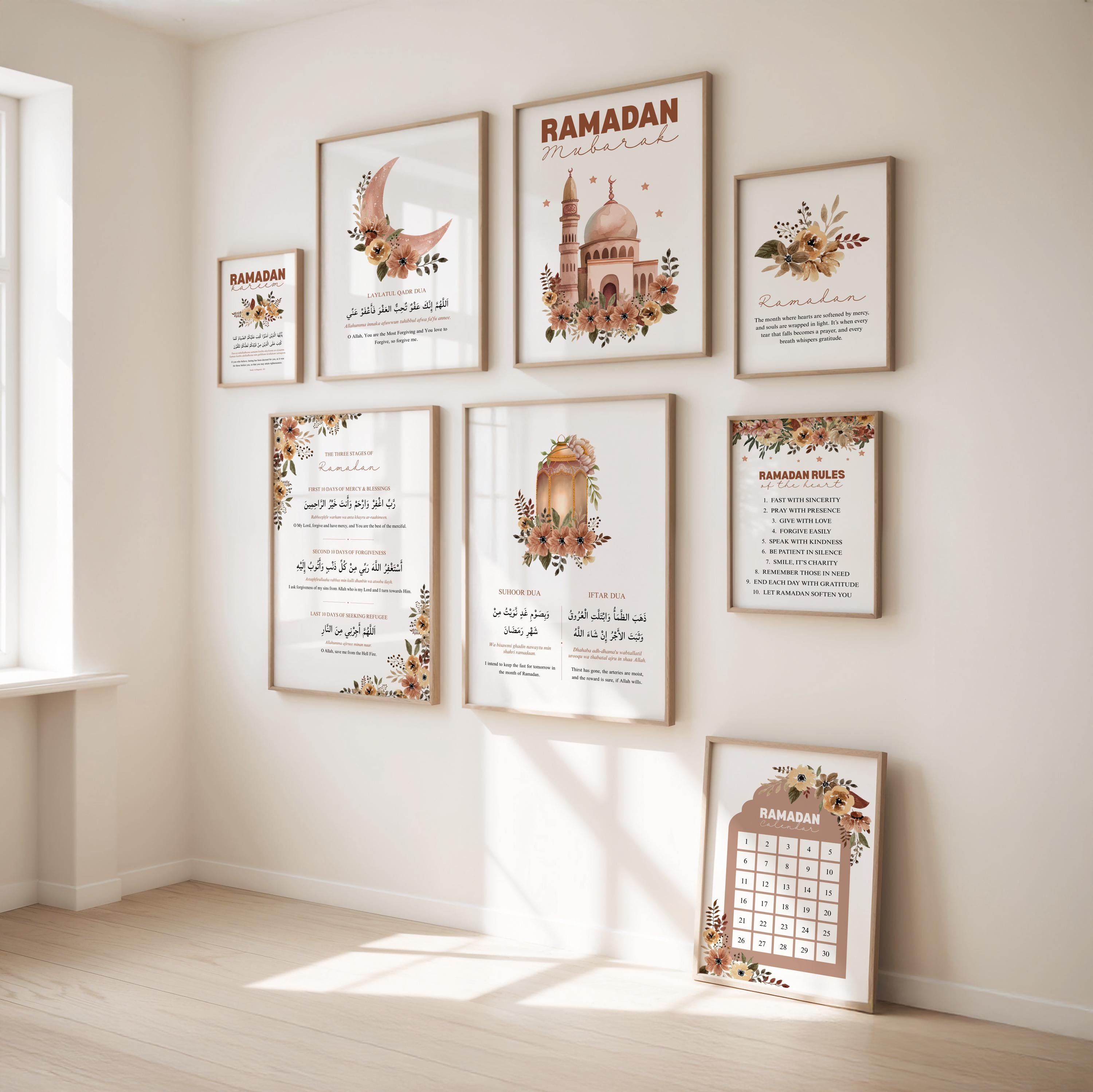 Set of 8 Ramadan Wall Art: Brown Floral Islamic Wall Art, Ramadan ...