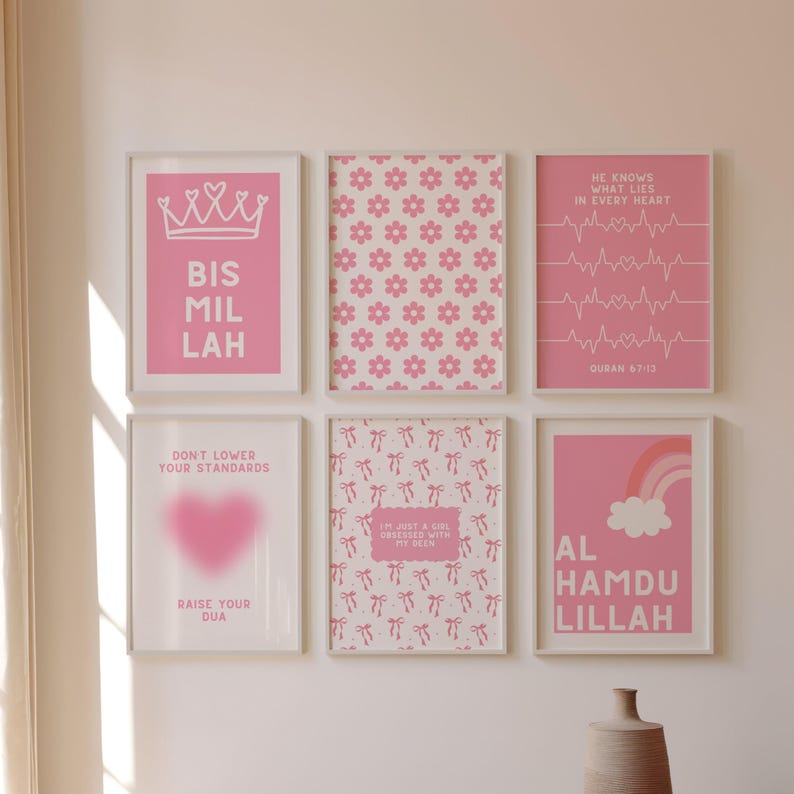 Set of 6 Islamic Wall Art in Pink, Printable Digital Wall Art, Islamic ...