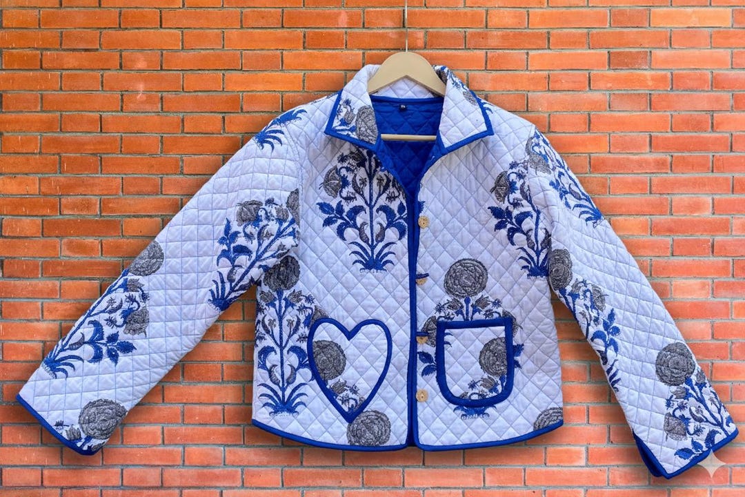 Luxury Handmade Quilted Cotton Jacket | Blue & White Floral Block Print ...