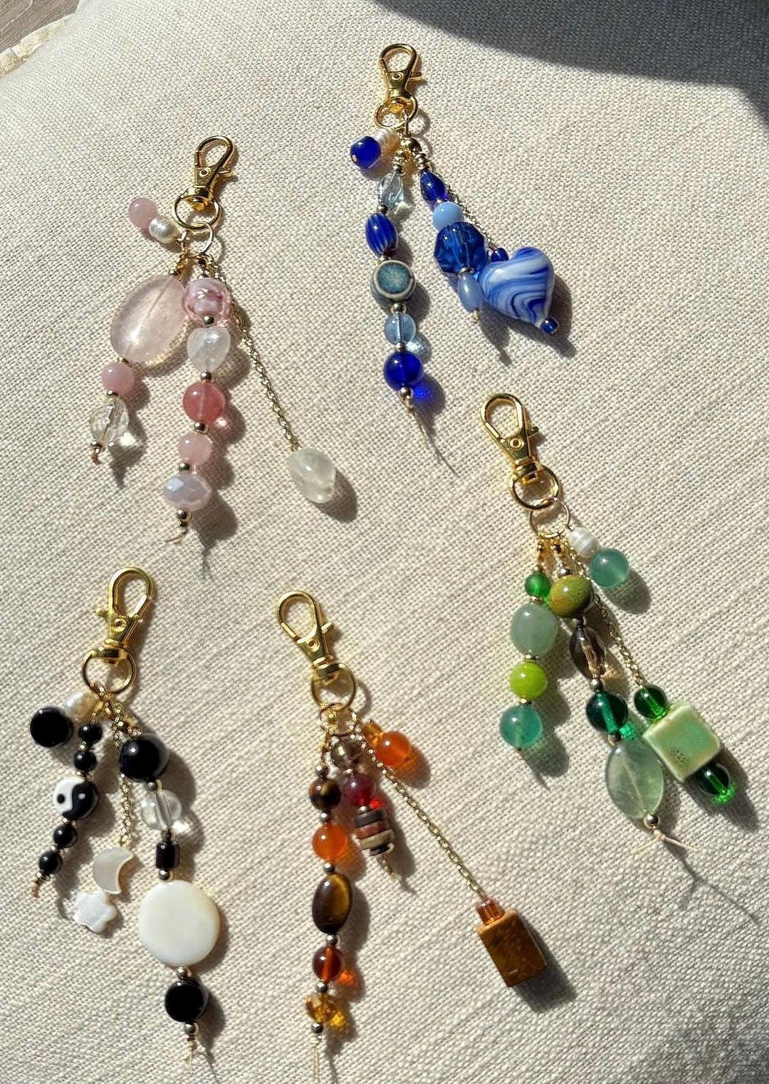 Bag Charm Keychains With Glass + Ceramic Beads, Gold Accents, and ...