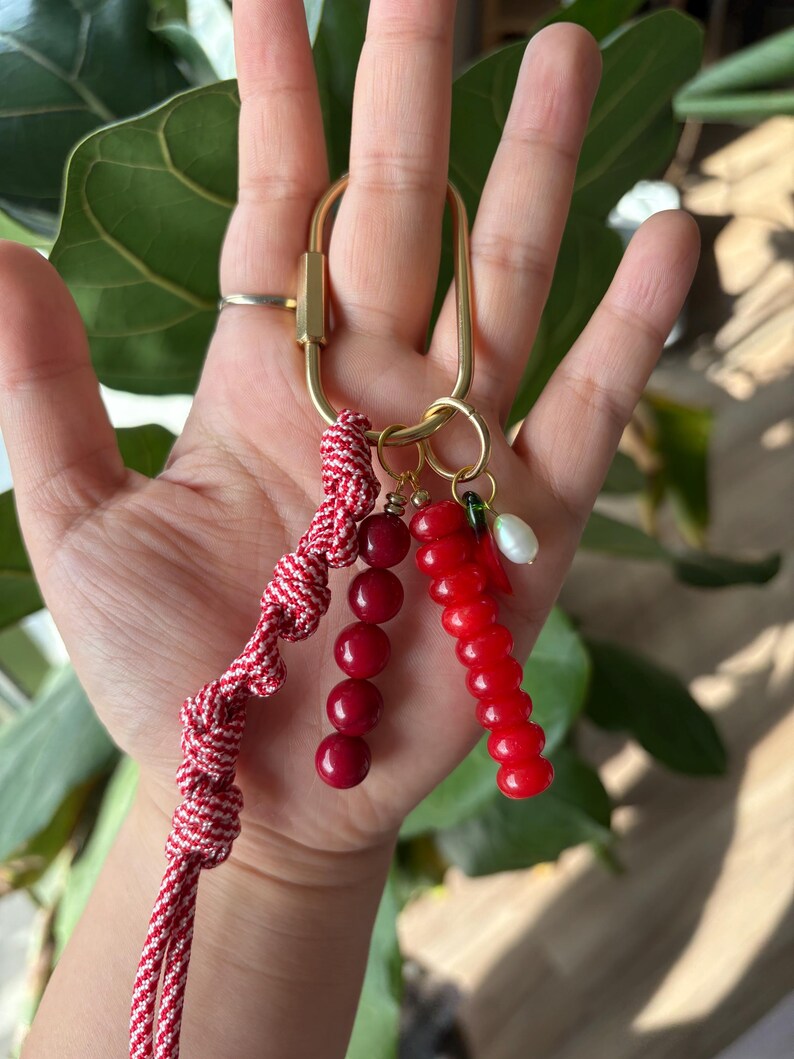 Bag Charm Keychains With Chili + Red Glass Beads, Gold Carabiner, and ...