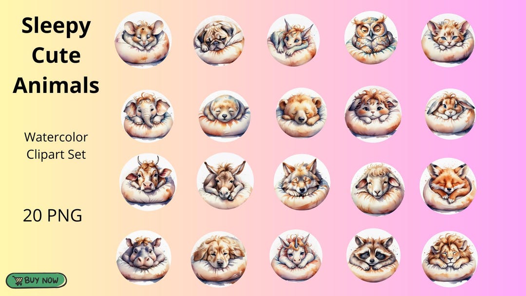 Sleepy Cute Animals – Watercolor Clipart Set, 20 PNG, Commercial Use - Etsy