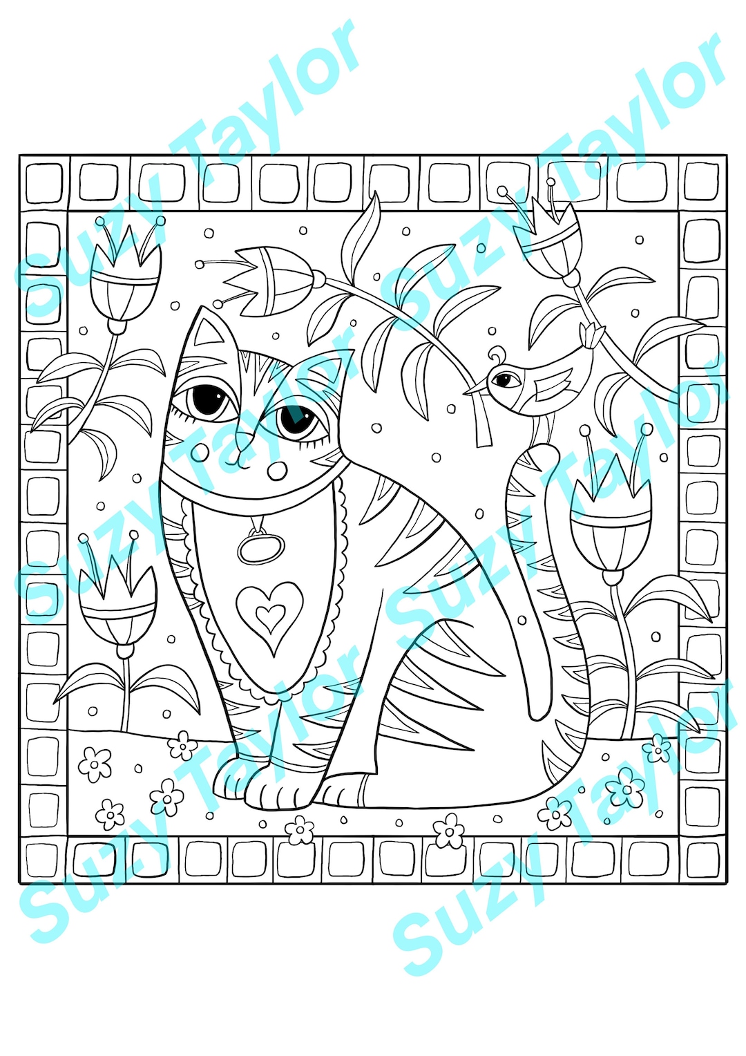 Cat and Bird Printable Colouring Page - Etsy