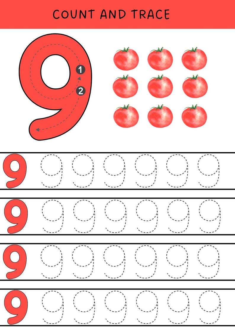 9 Numbers Count and Trace Worksheet, Tracing Worksheet, Counting ...