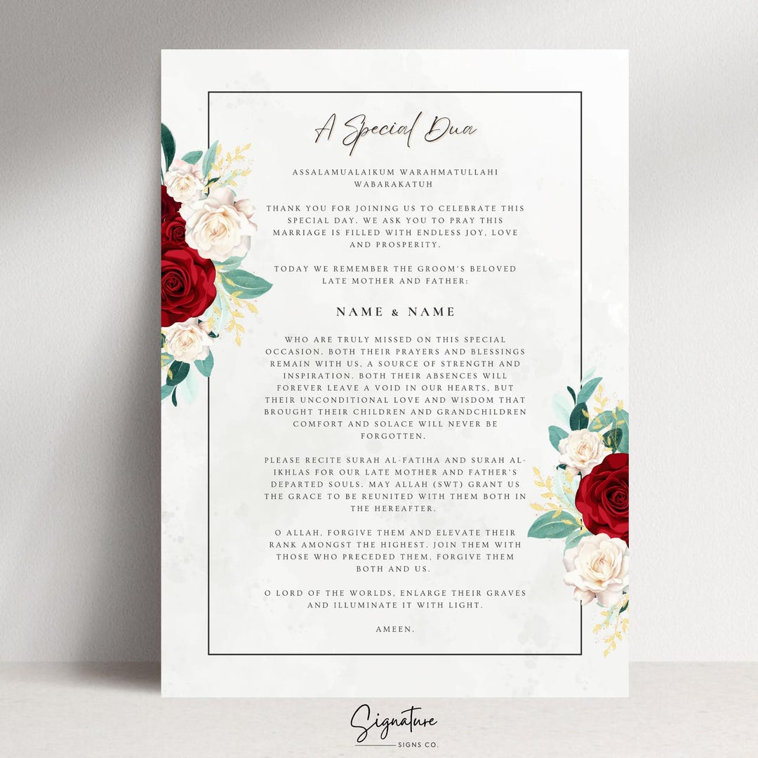 Dua/in Memory of Board, Custom Memorial Sign, Elegant Printed Sign ...