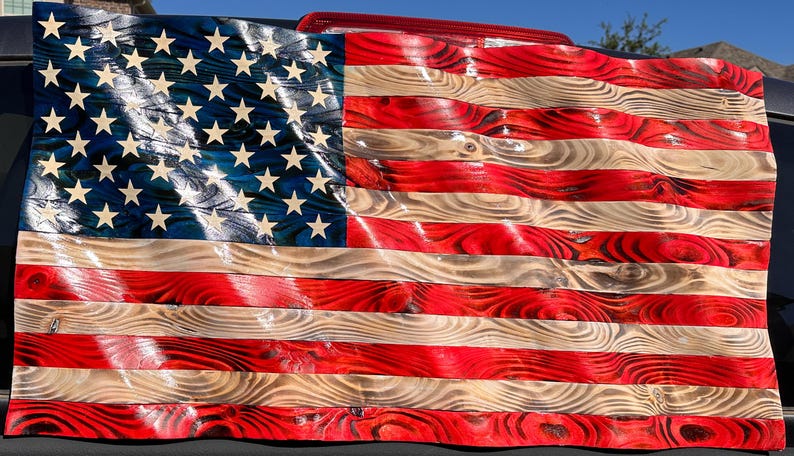 Hand Carved Wavy Rustic 3D Wooden American Flag, Large Waving American ...