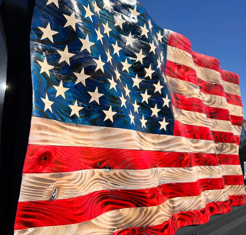 Hand Carved Wavy Rustic 3D Wooden American Flag, Large Waving American ...