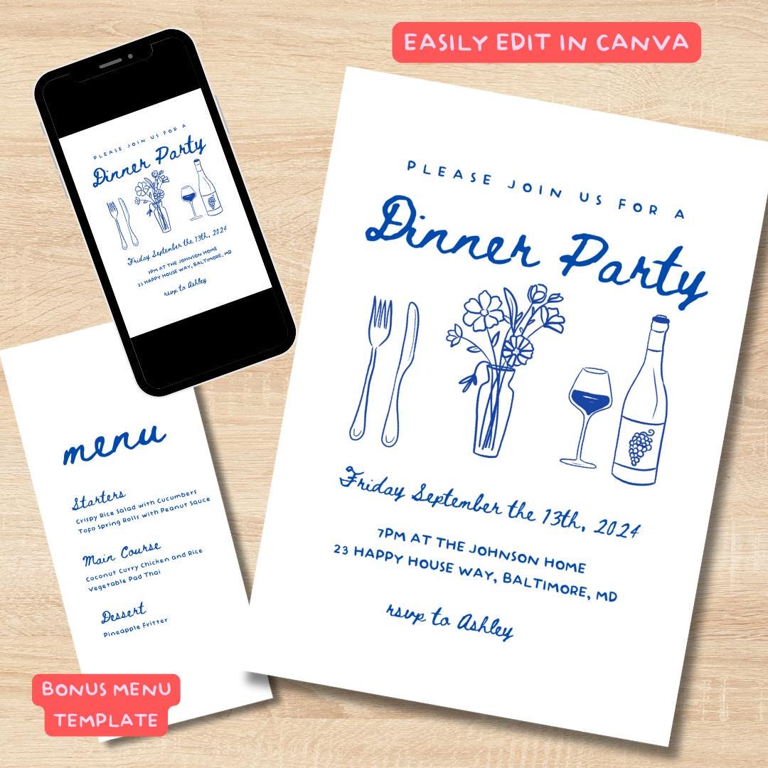 Editable Dinner Party Invite Template and Bonus Menu Template Canva ...