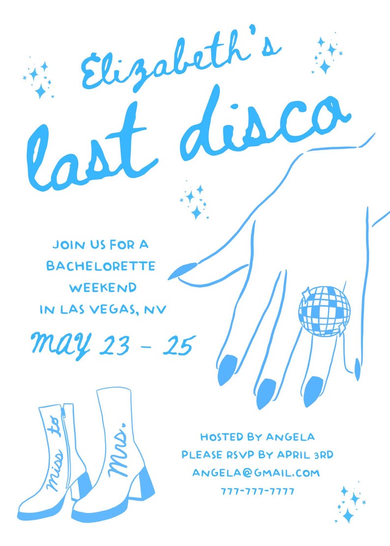 Hand Drawn Graphics Last Disco Bachelorette Invitation & Itinerary ...