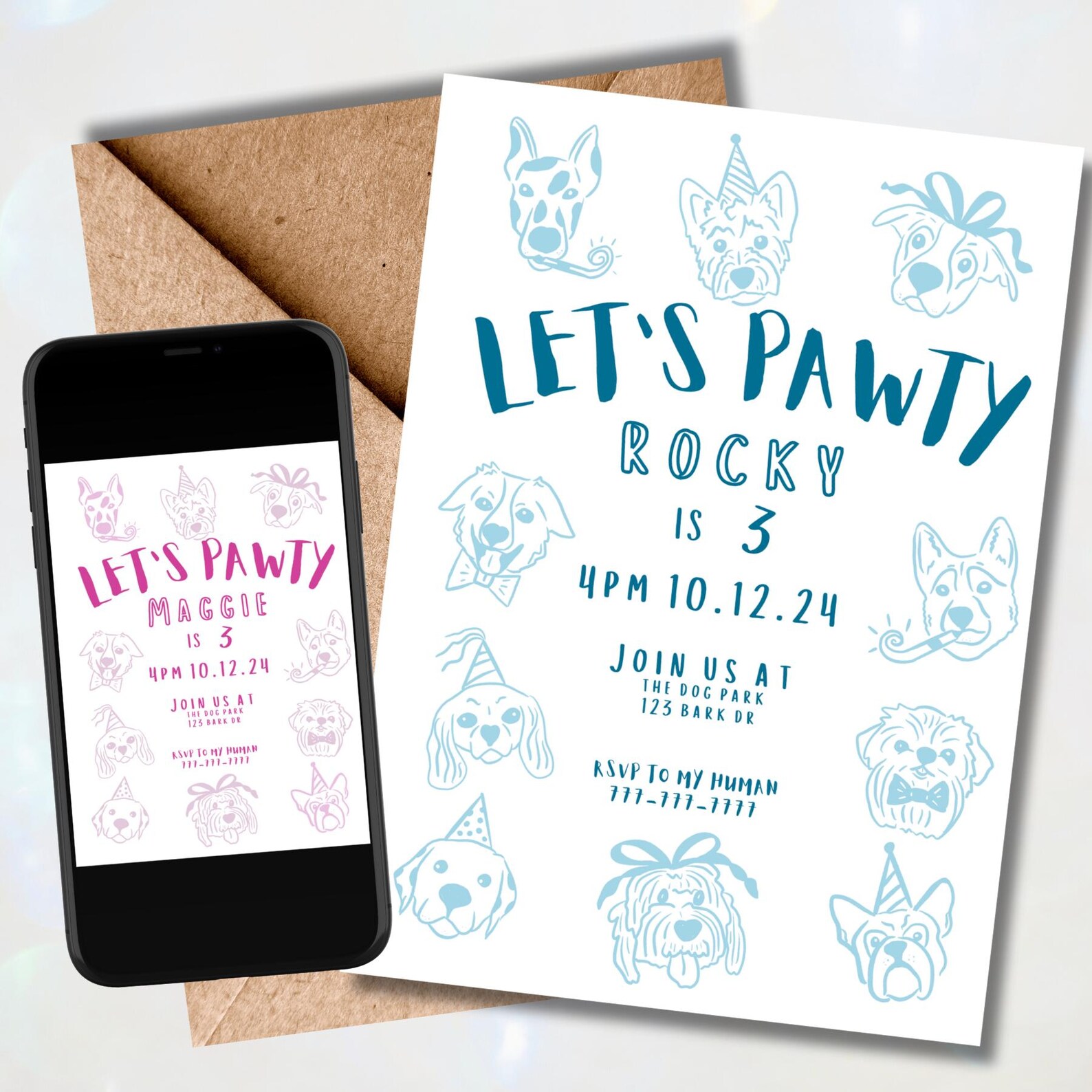 Pink and Blue Options Let's Pawty Dog Birthday Puppy Invite Invitation ...