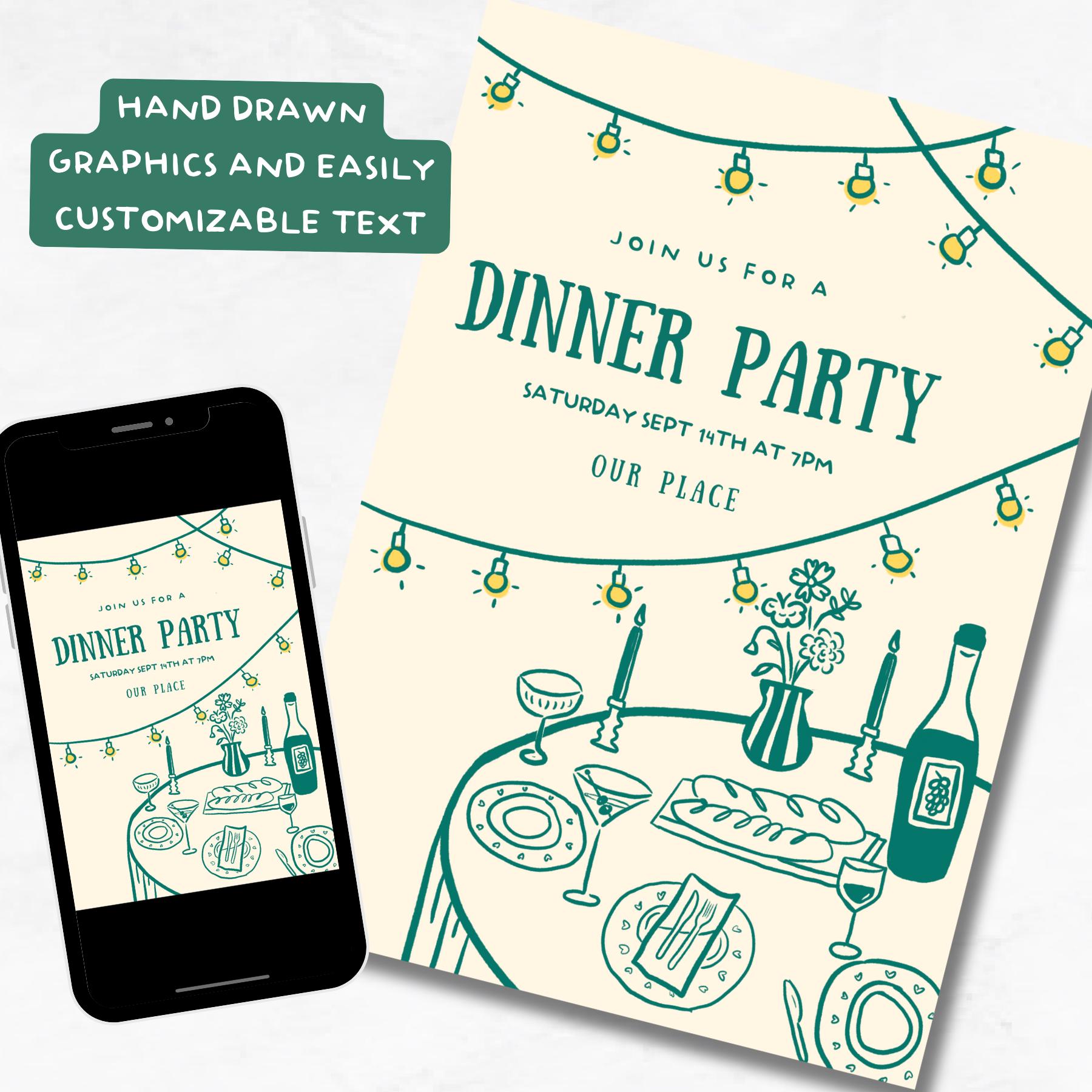 Editable Dinner Party Invite Template Invitation Birthday Graduation ...