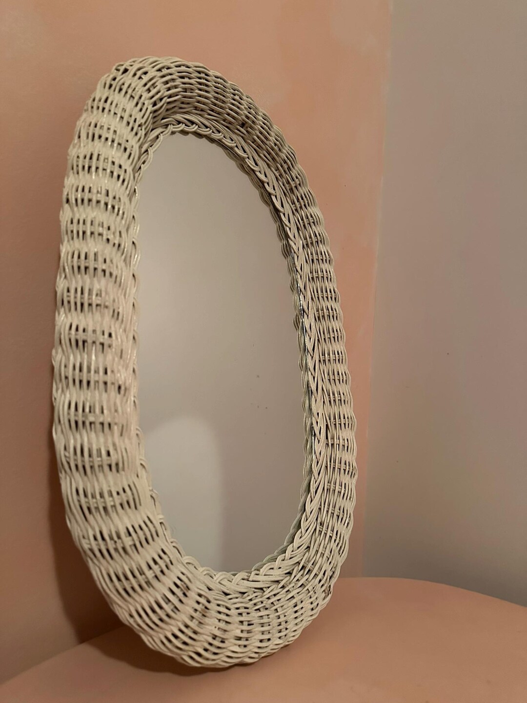 Vintage White Wicker Oval Mirror Cottage Core - Etsy