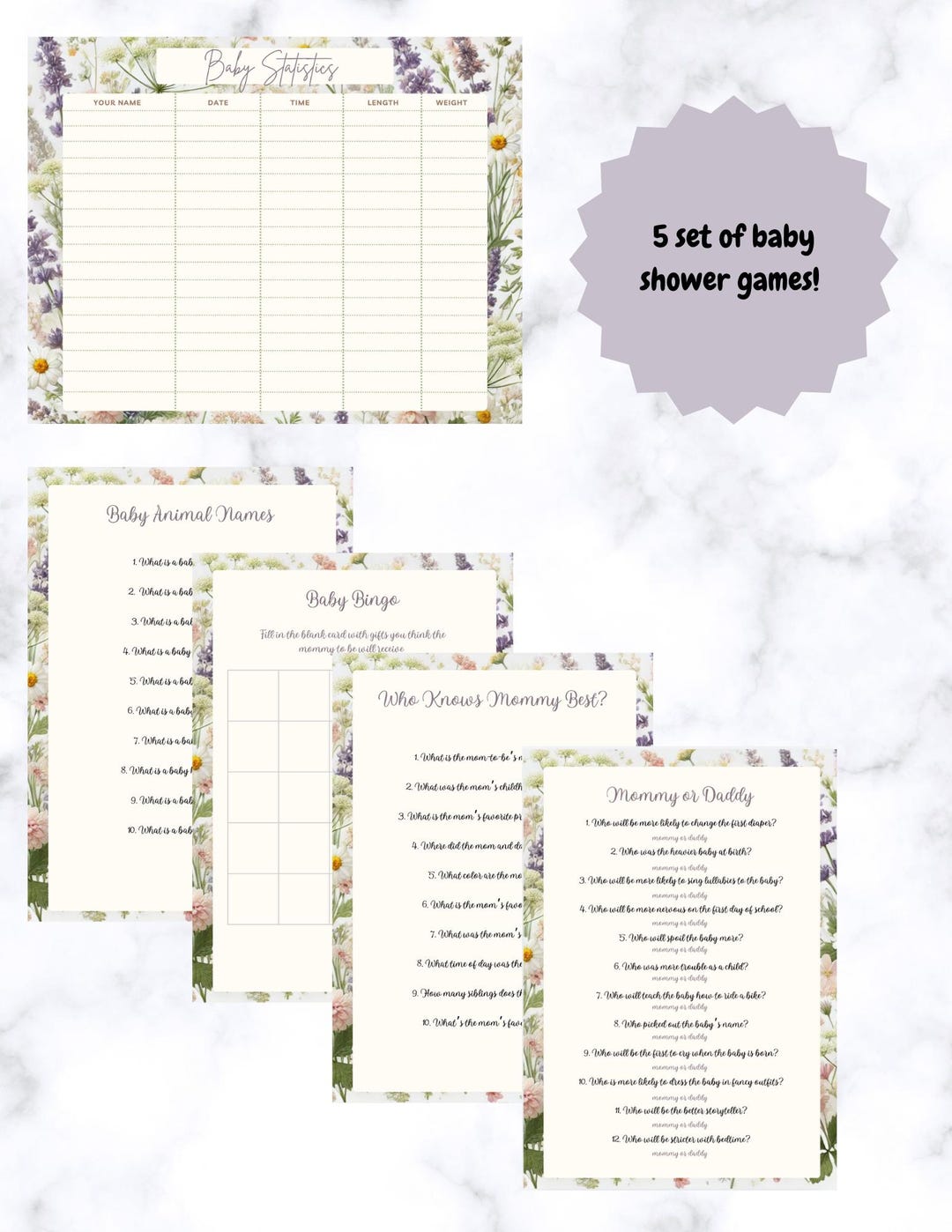 Baby Shower Games Including Baby Statistics Poster Print Wildflower ...
