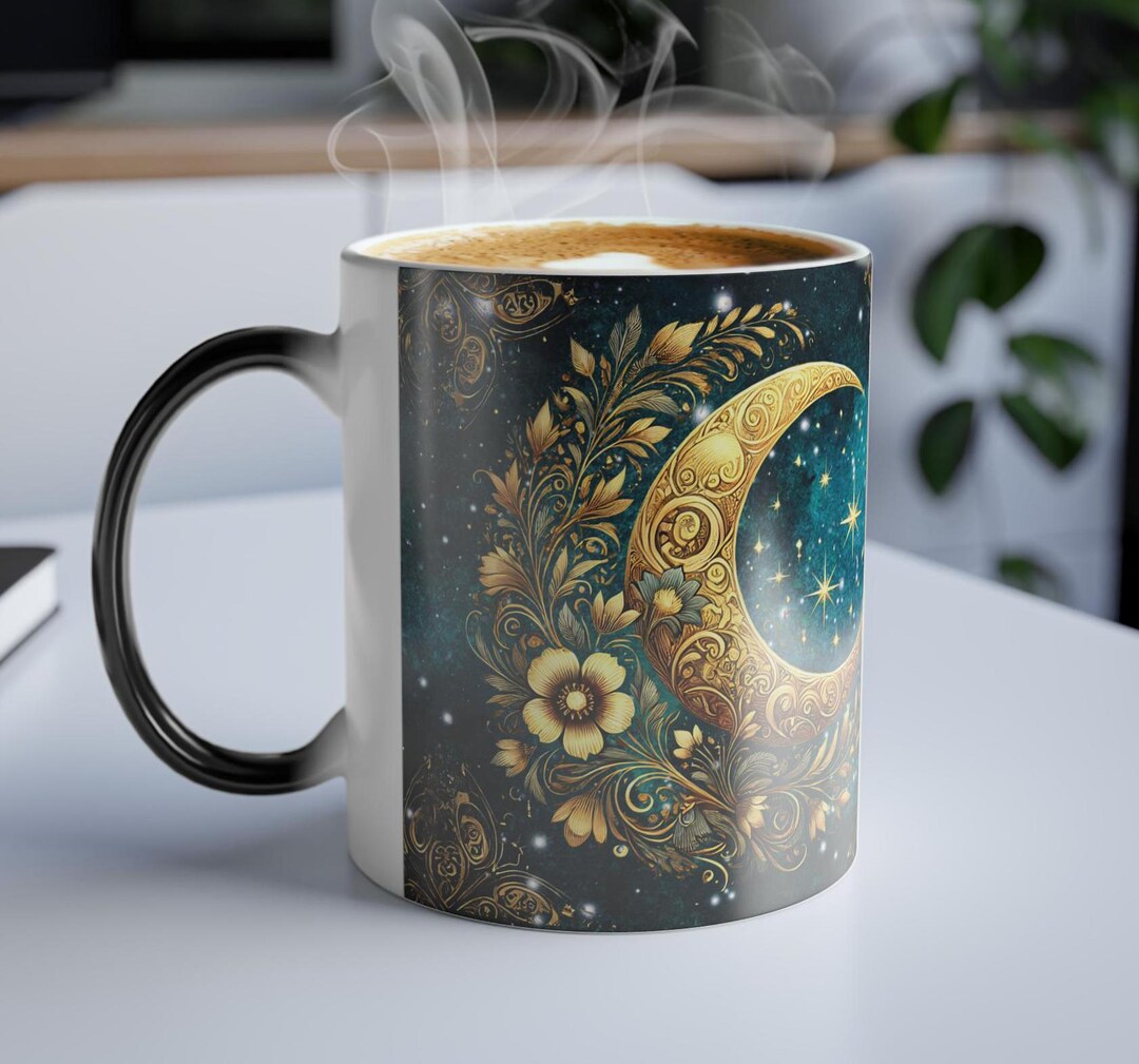Color Morphing Mug - Golden Crescent Moon Celestial Lunar Coffee Cup ...