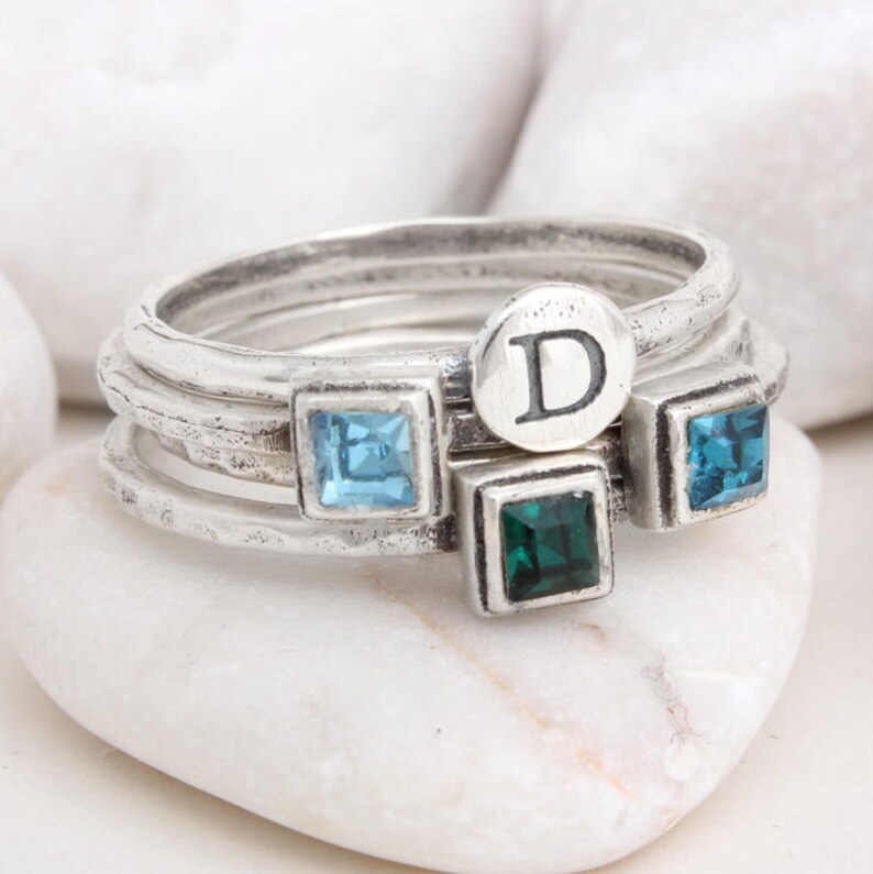 Initial and Birthstone Stacking Ring Set 3 Birthstone Rings | Etsy