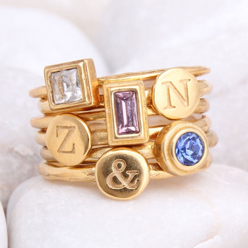 April Birthstone Ring in Gold. Stacking Mothers Ring With - Etsy