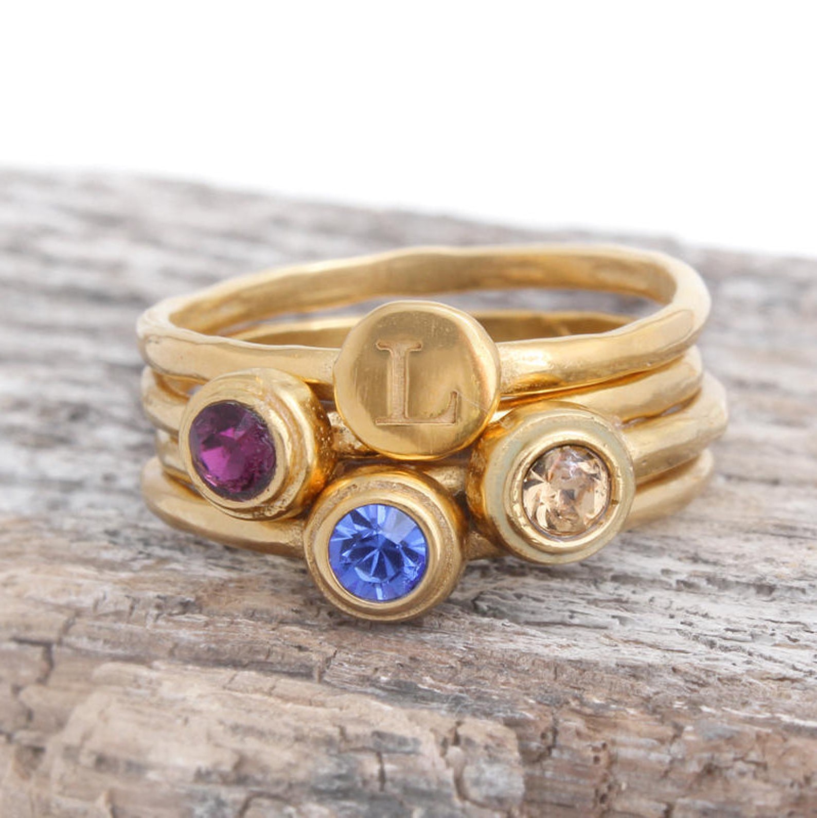 Stacking Gold Rings • Gold Stack Ring Set With Initials and Birthstones ...
