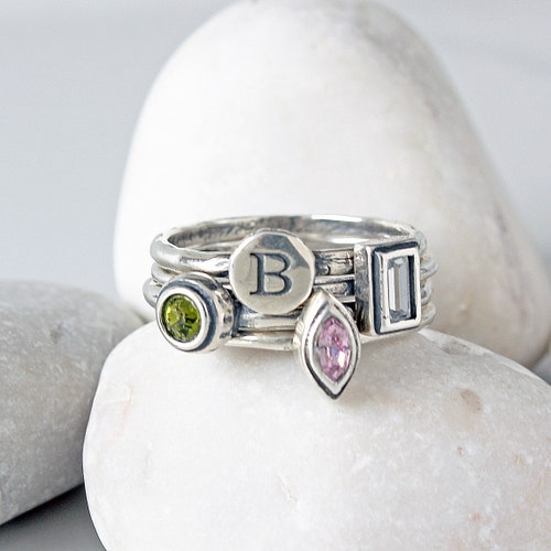 Mother's Stackable Birthstone & Initial Rings in Sterling | Etsy
